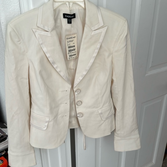 bebe | Other | Cream Costume Satin Trim Blazer Mother Of Pearl Buttons Skirts Wrhinestones ...